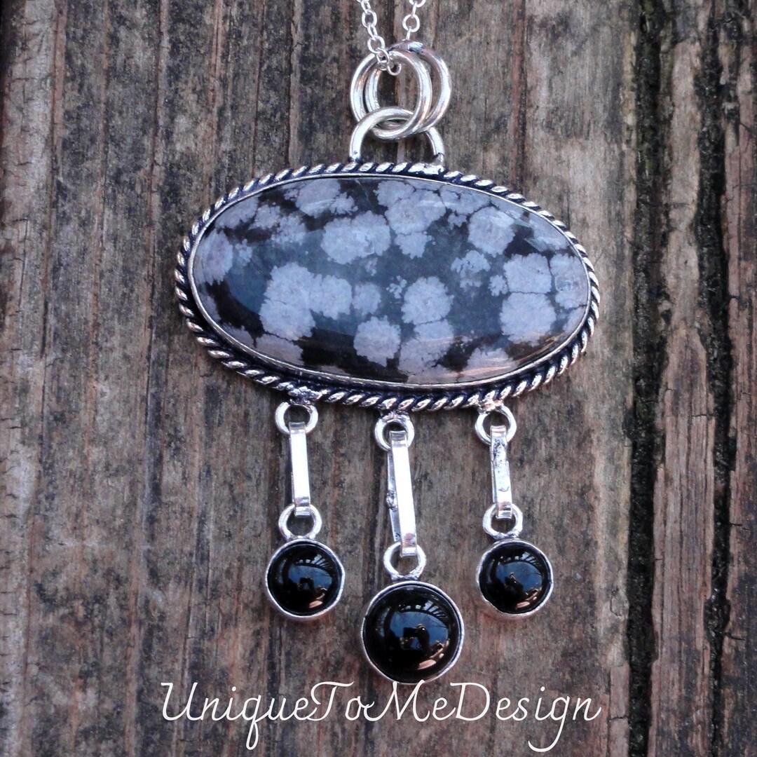 925 Snowflake Obsidian & Black Onyx Necklace, Sterling Silver, Natural ...