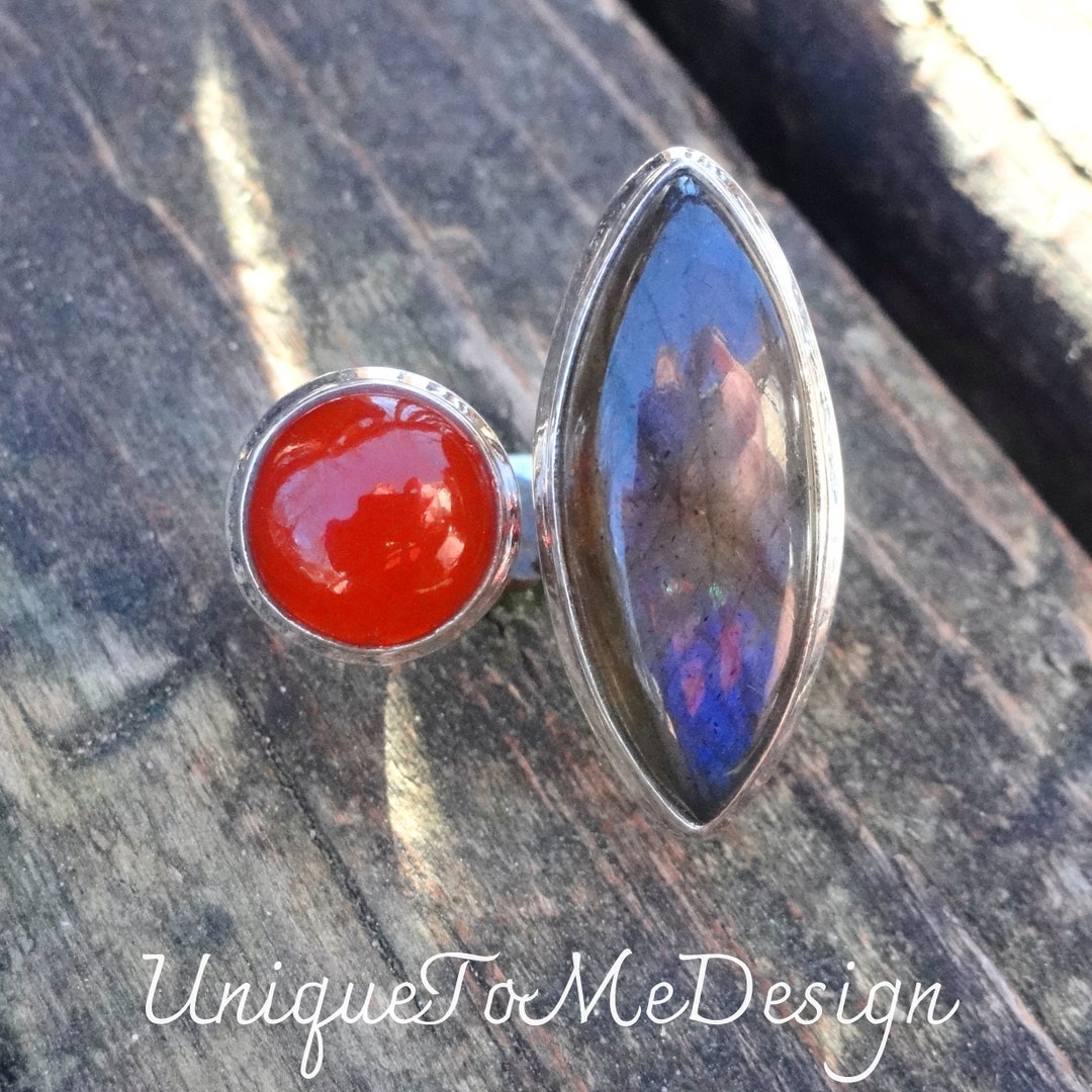 925 - Large Labradorite & Carnelian Ring Size 7, Sterling Silver ...