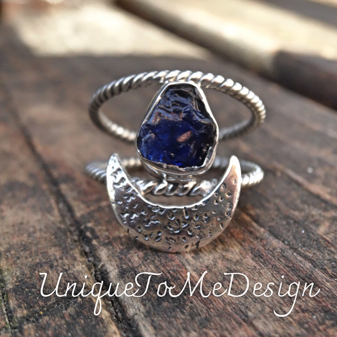 925 - Raw Blue Sapphire Crescent Moon Ring Size 7.5, Sterling Silver ...