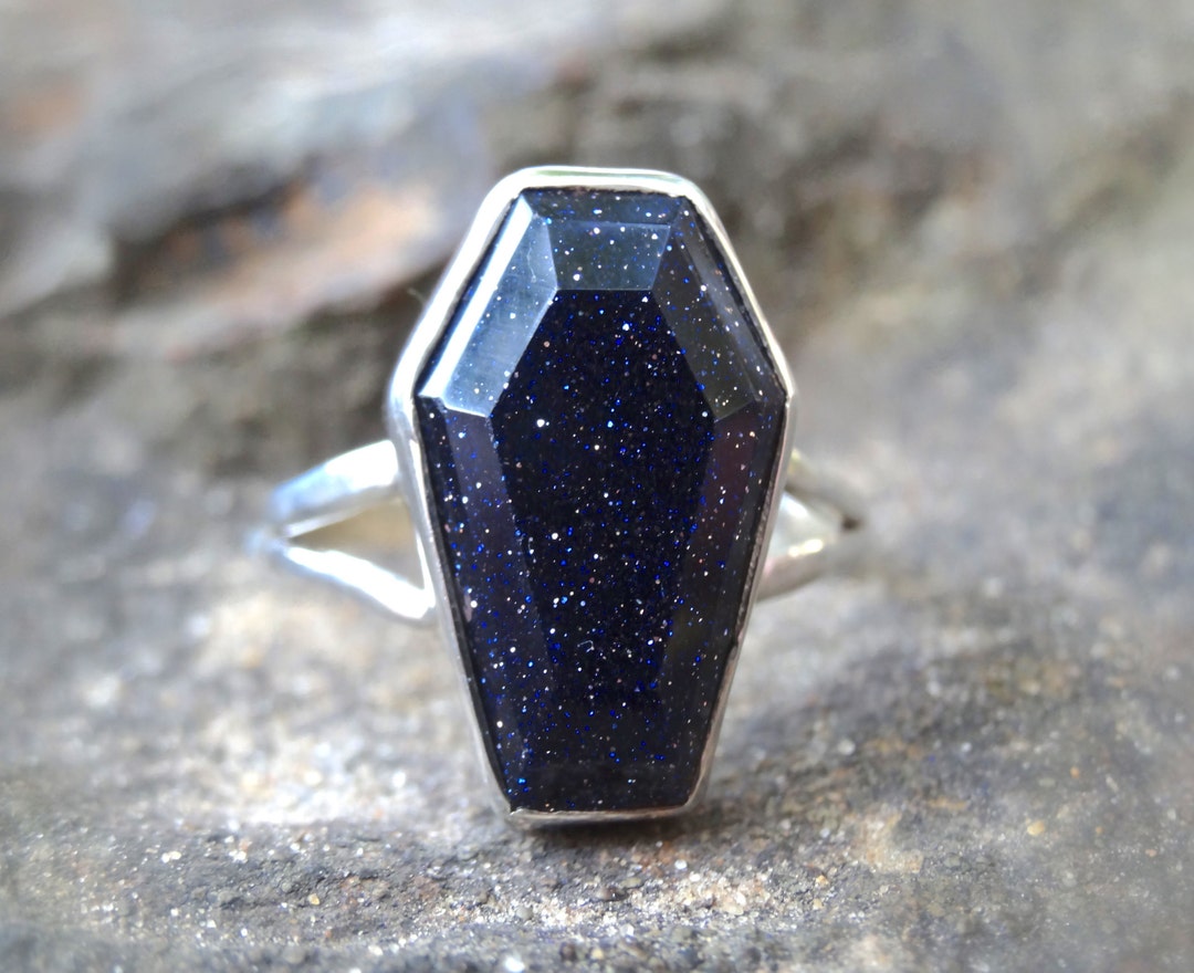925 Coffin Ring, Blue Goldstone Coffin Stone Rings, Sterling Silver ...