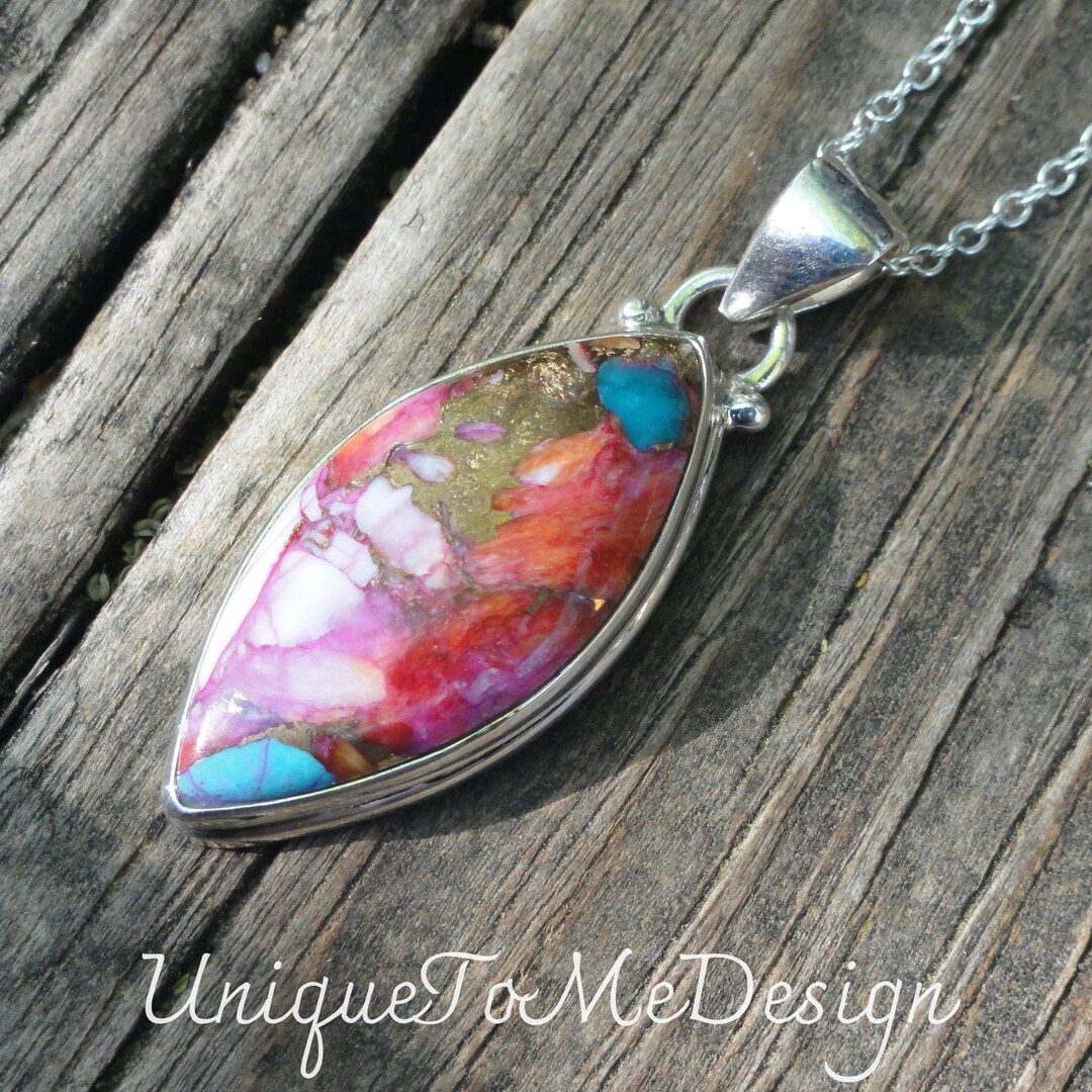 925 - Large Pink Spiny Oyster & Blue Turquoise Necklace, Sterling ...