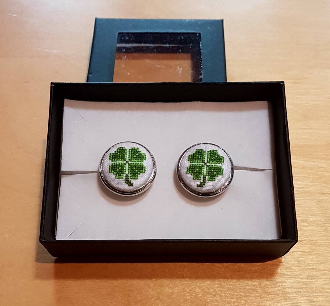Cross stitch 4 Leaf Clover cuff links, custom cufflinks, lucky present ...