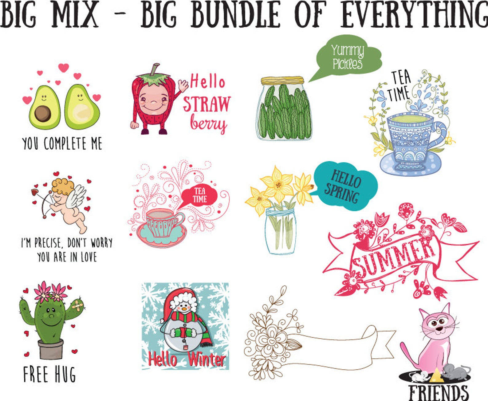 Big Mix and Bundle of Digital Illustrations.digital Print. Instant ...