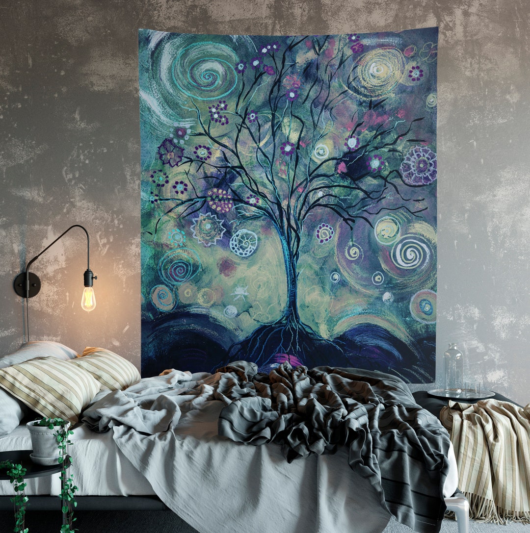 Blue Whimsical Tree Swirly Tree Art Wall Tapestry Neutral Colors Yoga ...