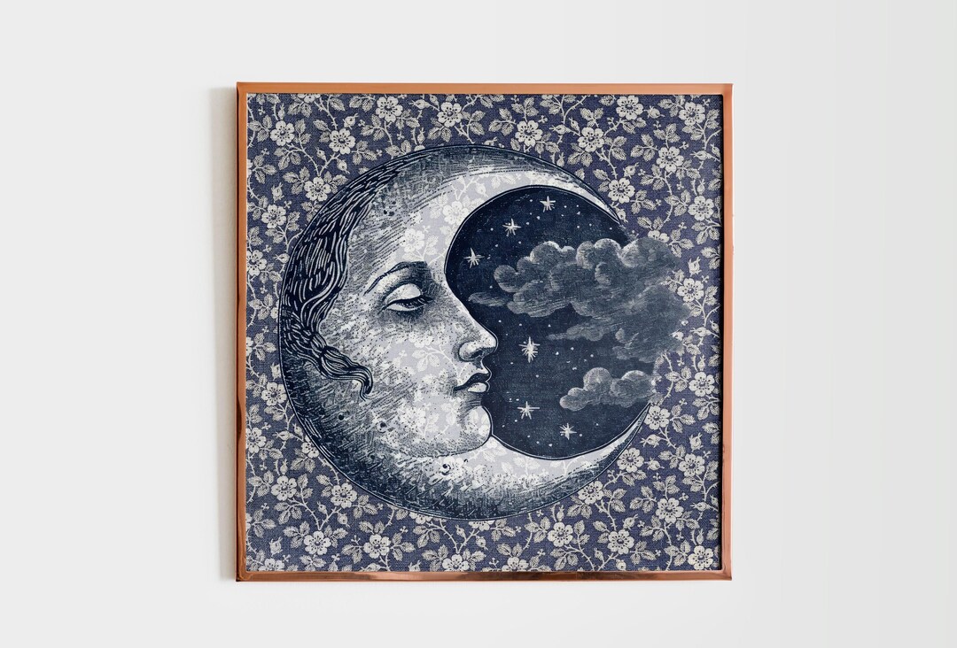 Blue Moon Face Print: Art Nouveau Floral, Shabby Chic - Etsy