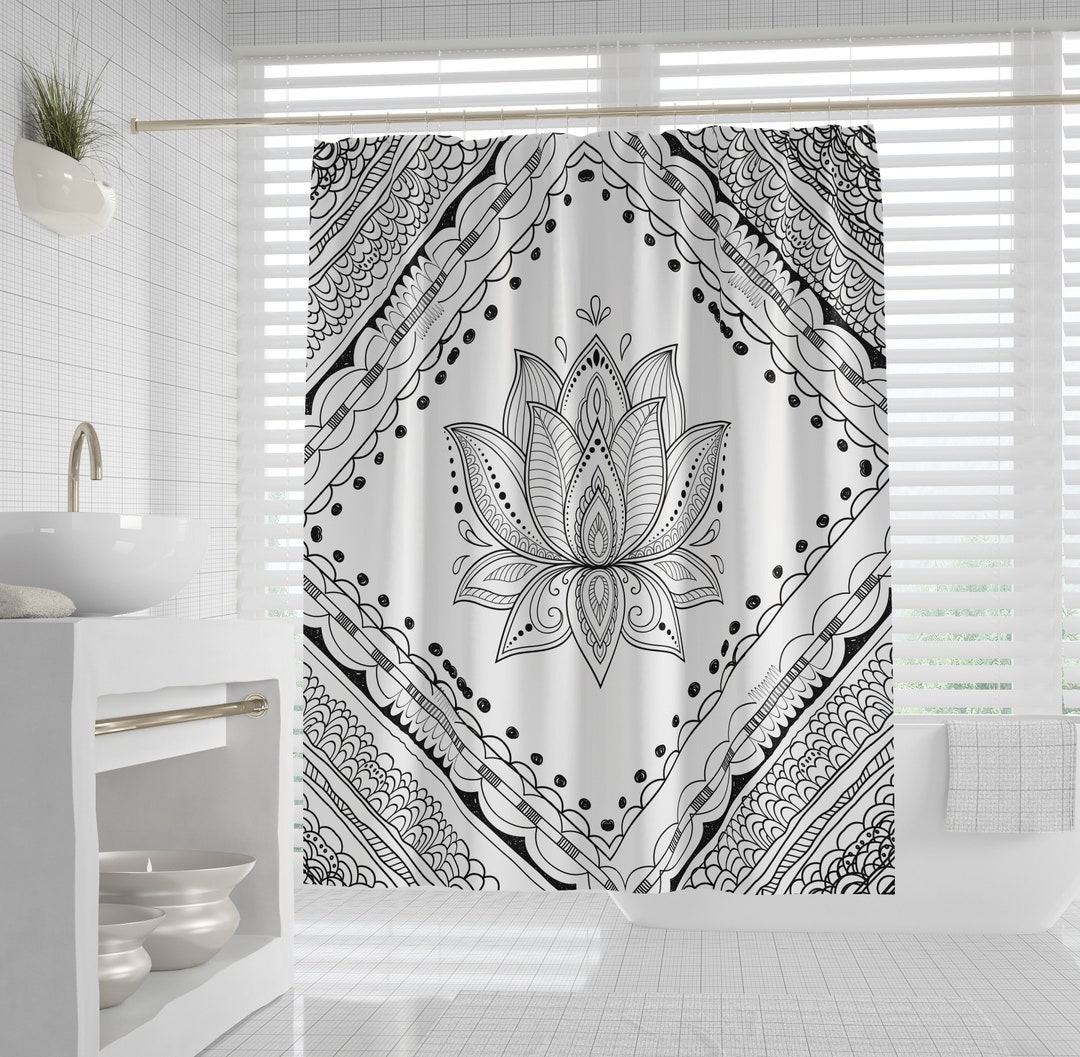 Lotus Henna Shower Curtain Space Shower Curtain in Black and - Etsy