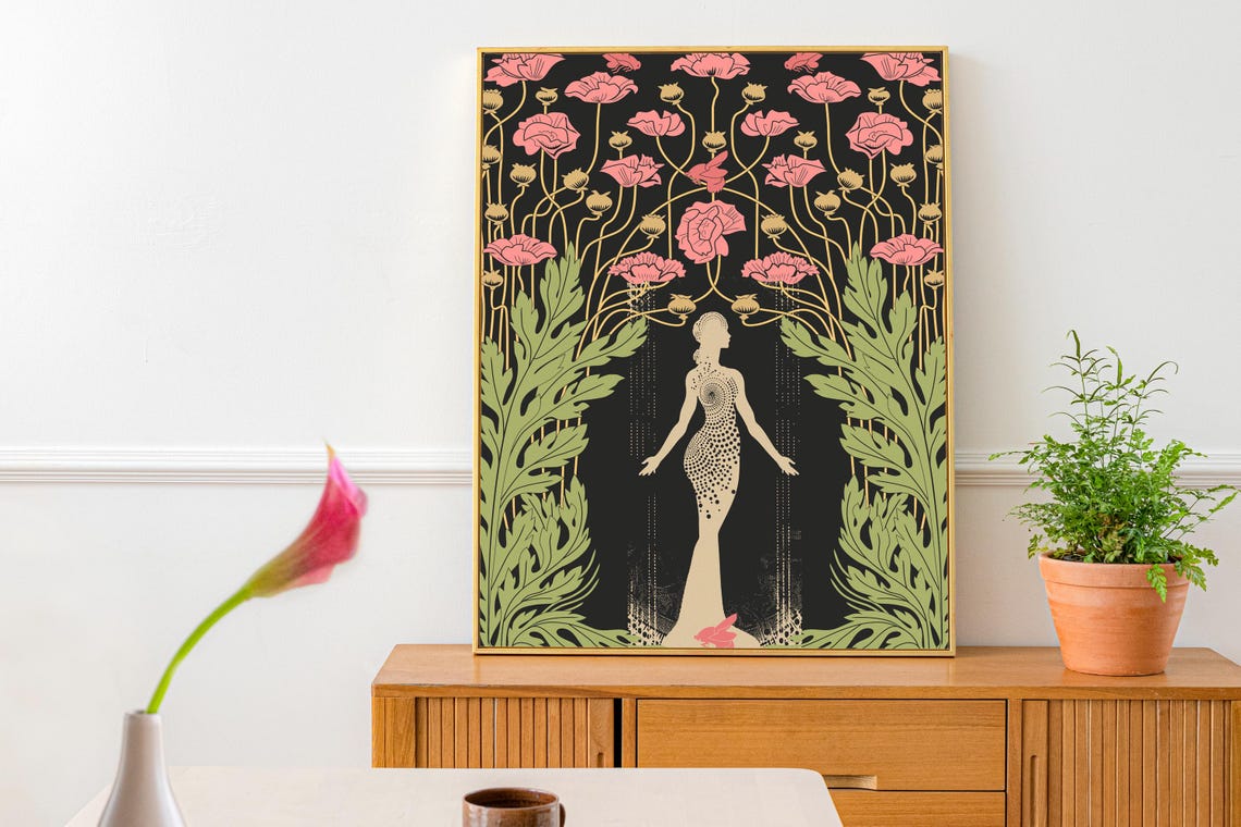 Demeter Goddess Art Nouveau Poster: Pink and Green Bohemian Print - Etsy