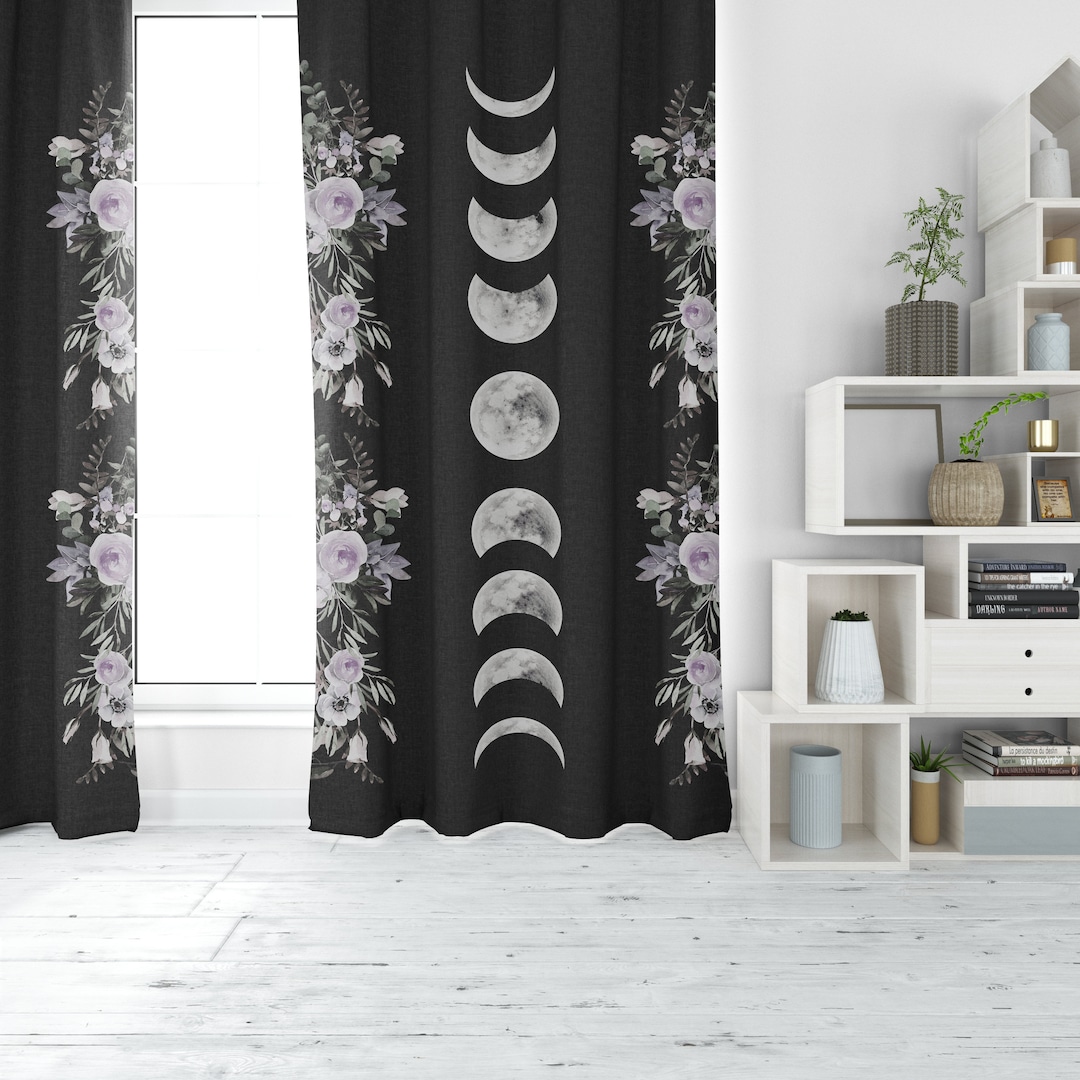 Moon Phase - Black - Curtains - Floral Moon Bohemian - Moon Curtains ...