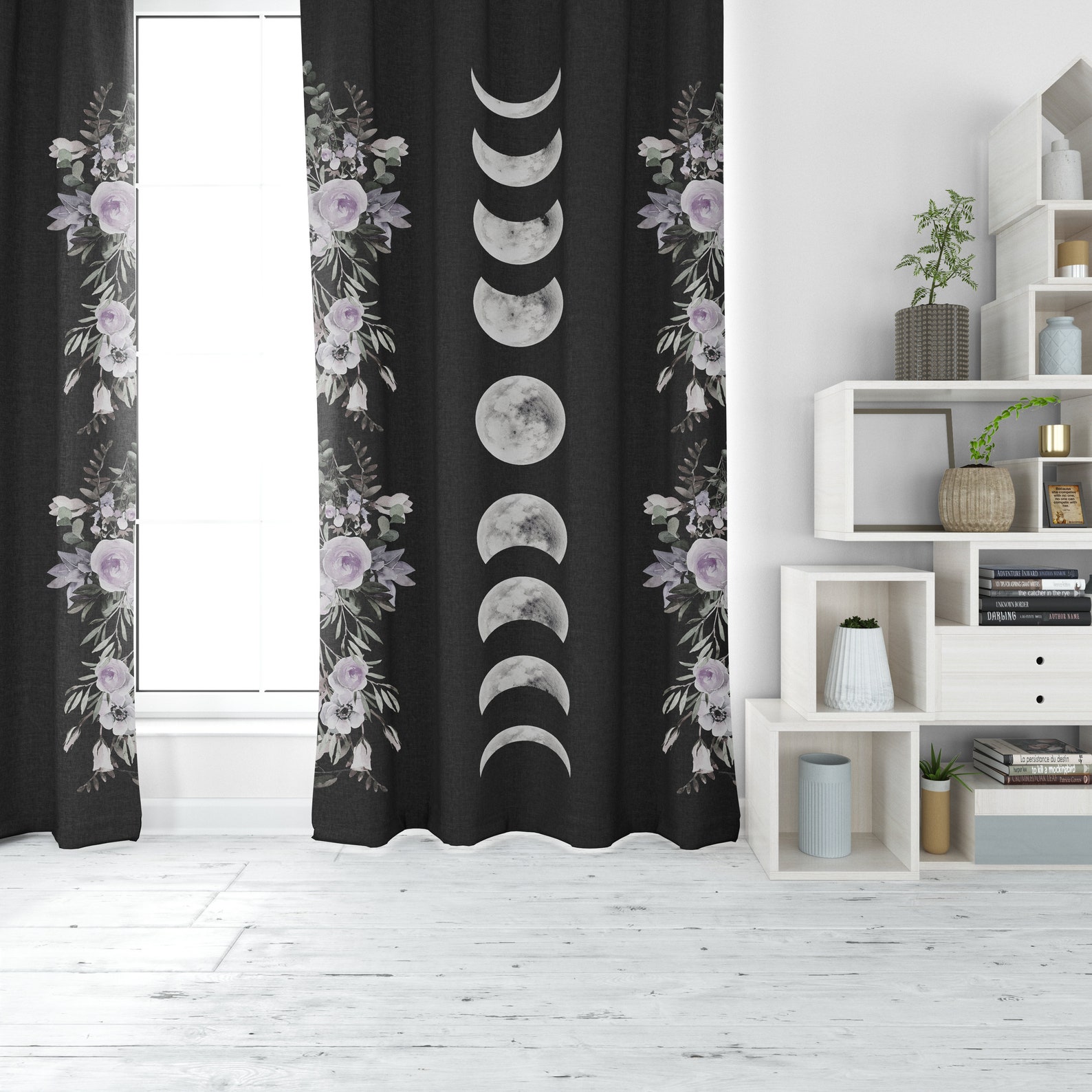 Moon Phase Black Curtains Floral Moon Bohemian Moon | Etsy