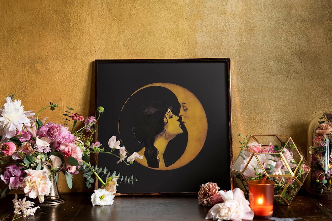 Woman Kissing Moon - Art Nouveau Moon Print - Moon Goddess Art Deco - Moon Print Square - Dark ...