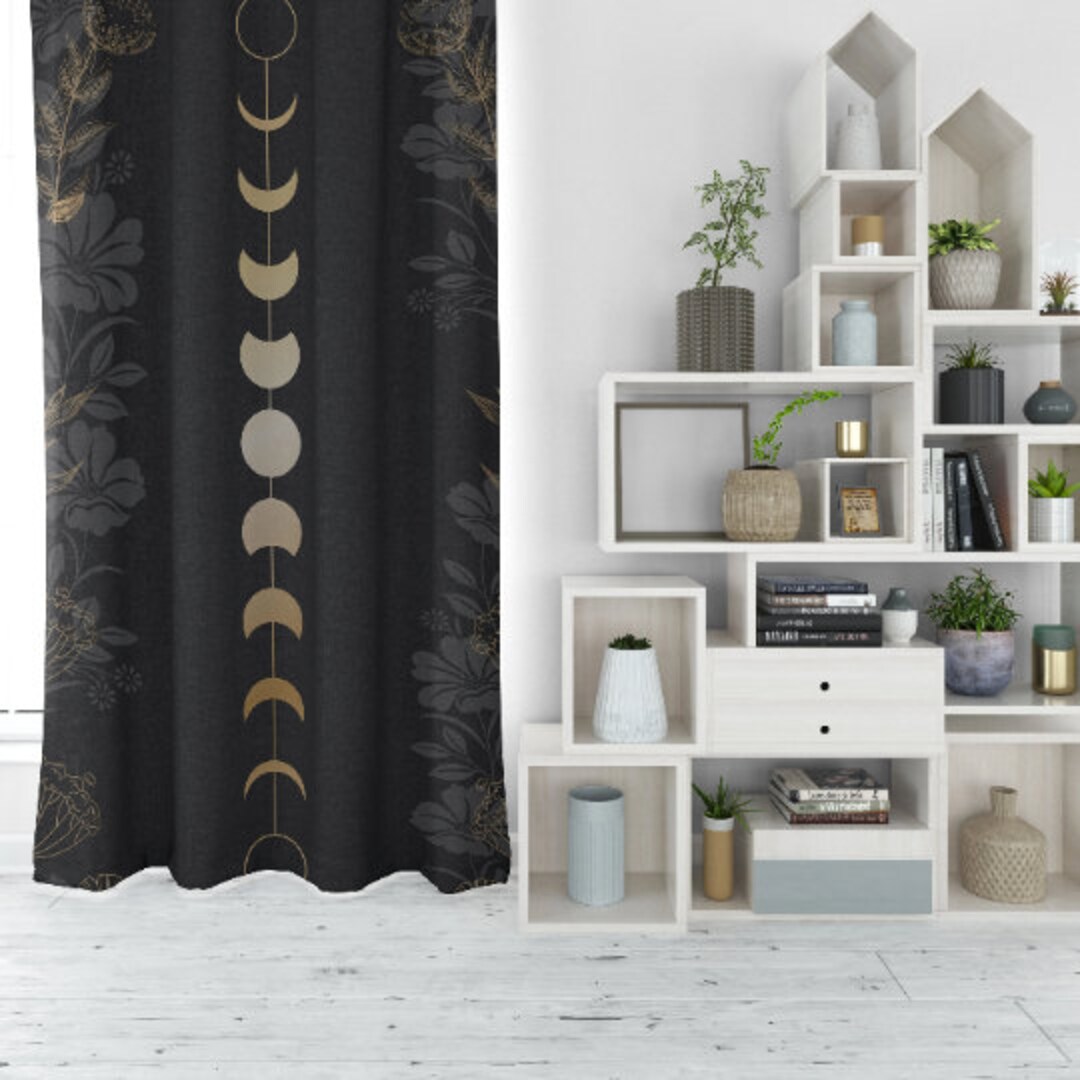 Gold Moon Phases Curtain With Flowers - Moon Alchemy Design Bohemian ...