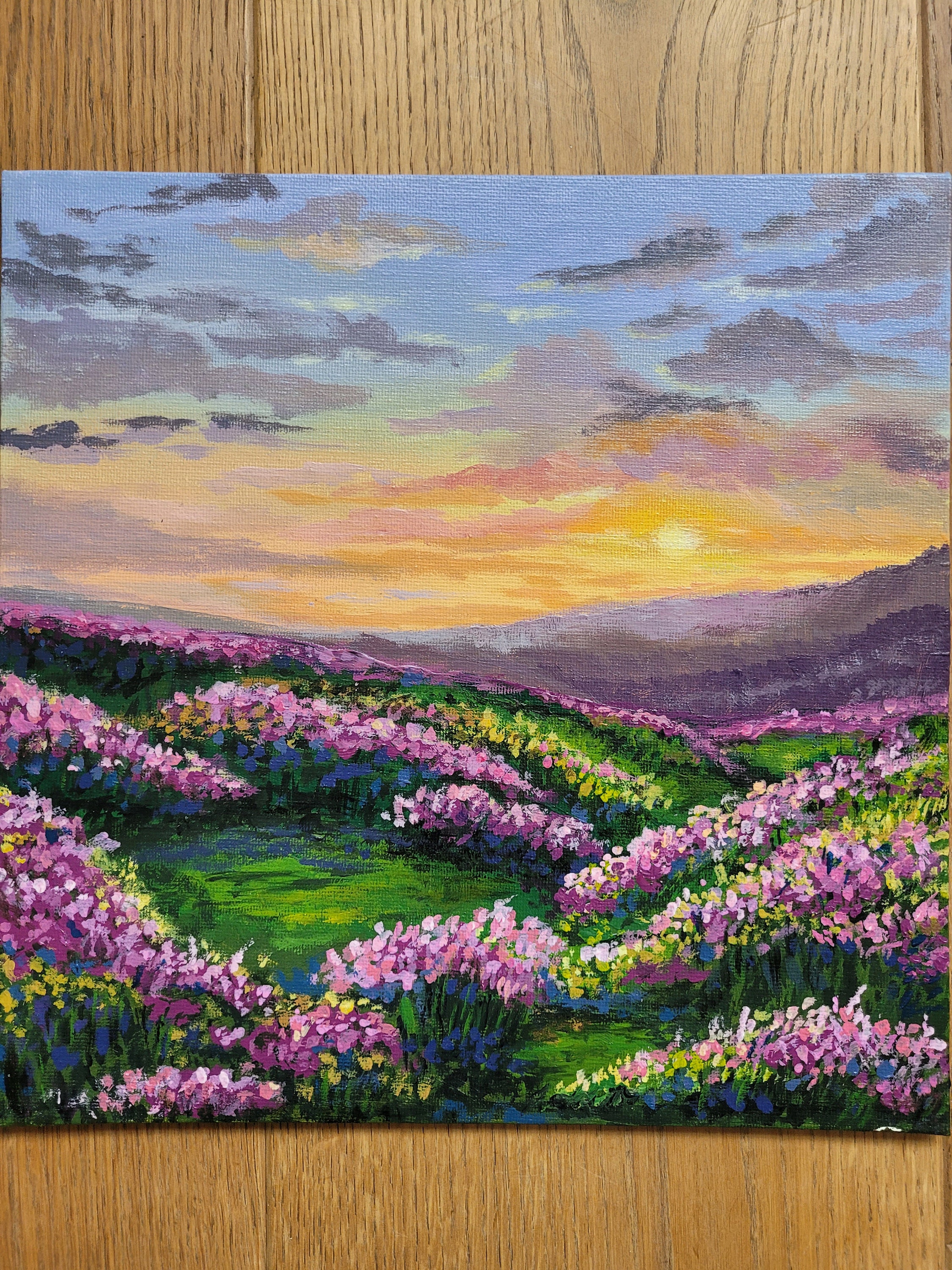 Sunset in the Mountains. 100% Handmade. Mountain Landscape. Flower ...