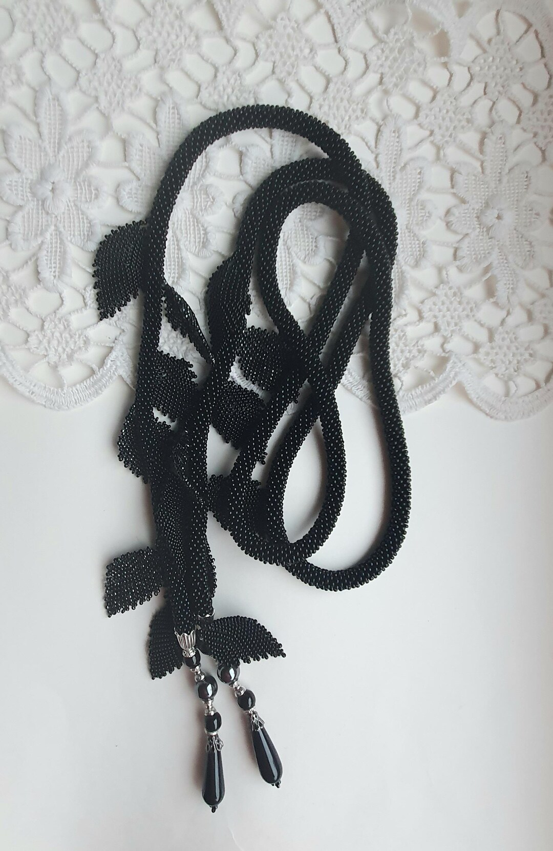 Black Lariat, Crochet Lariat, Beadwork Necklace, Handcraft Jewelry ...