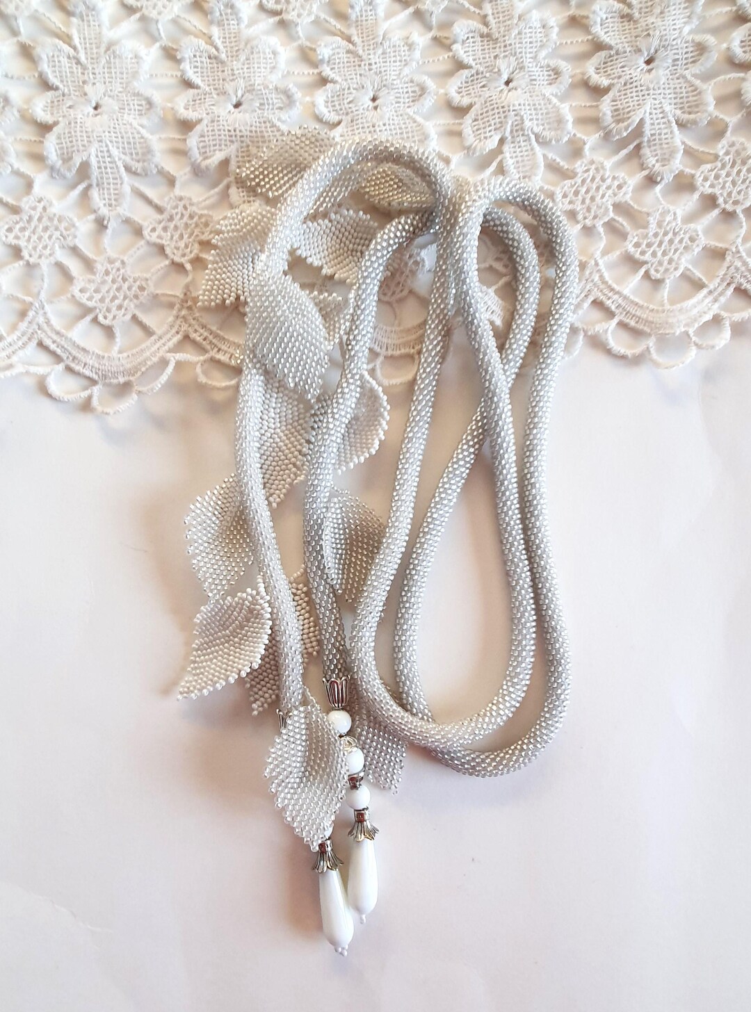 White Lariat, Crochet Lariat, Beadwork Necklace, Handcraft Jewelry ...