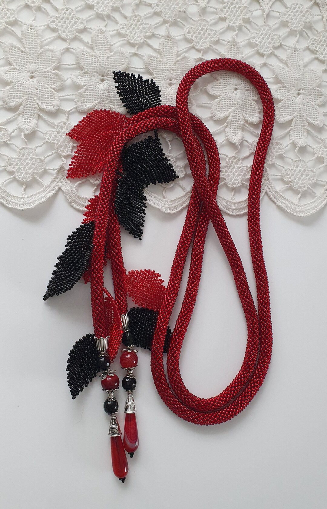 Red Lariat, Crochet Lariat, Beadwork Necklace, Handcraft Jewelry - Etsy