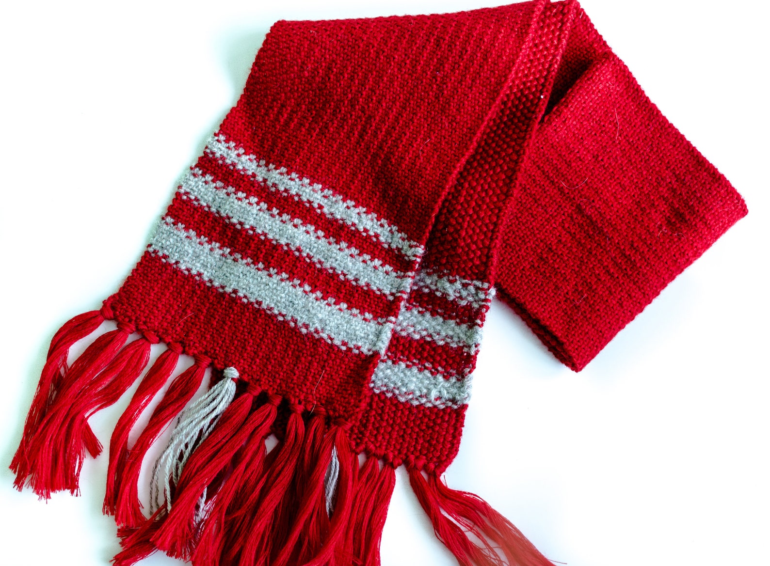 Knitted Red Wool Scarf in Linen Stitch Pattern With Tassels. - Etsy