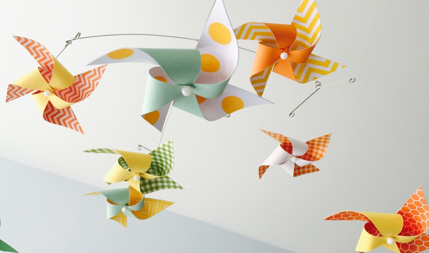 Baby Mobile / Yellow Green Tangerine & White pinwheels baby | Etsy