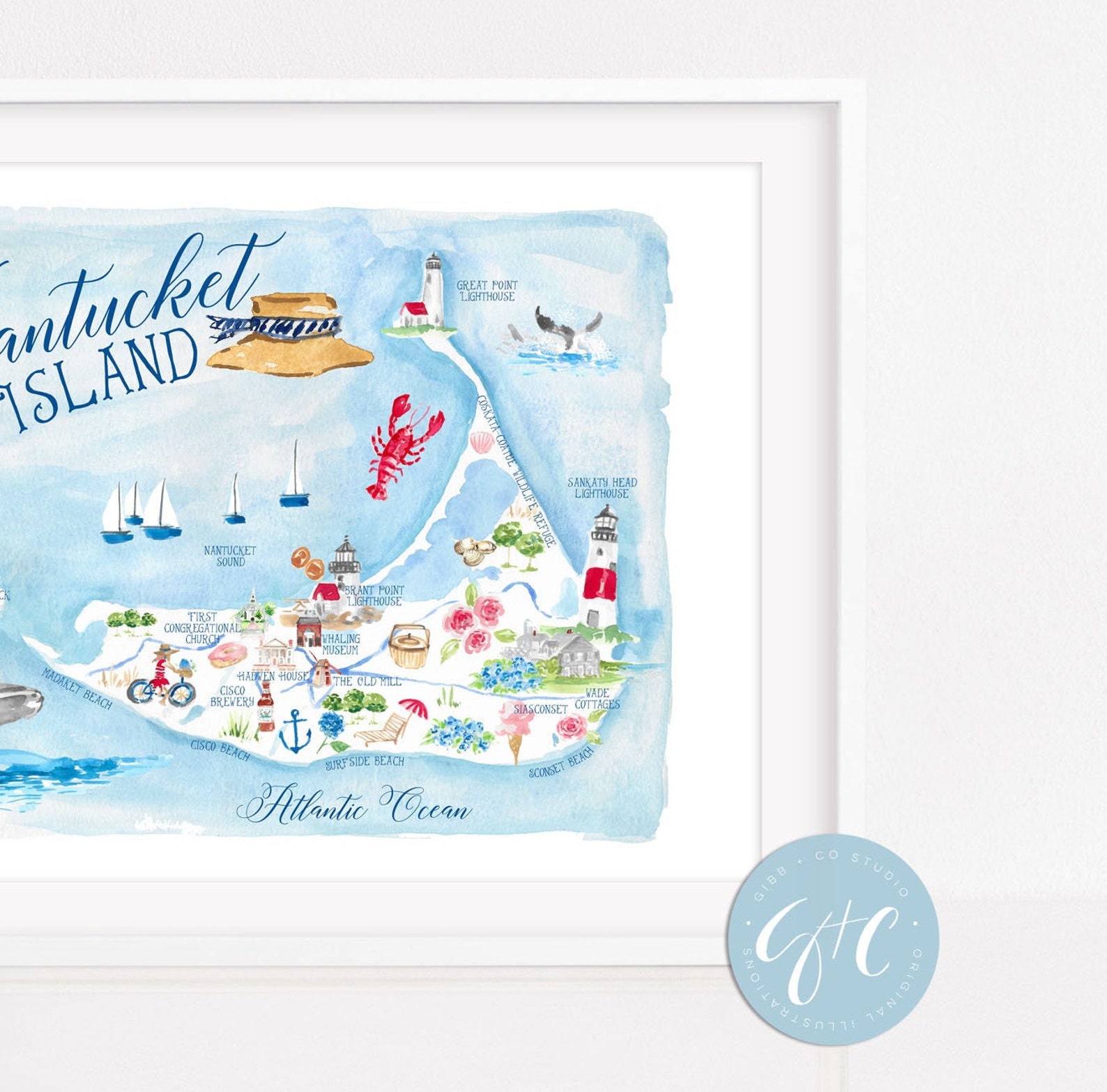 Nantucket Island Illustrated Map, Map of Nantucket, Watercolor Art ...