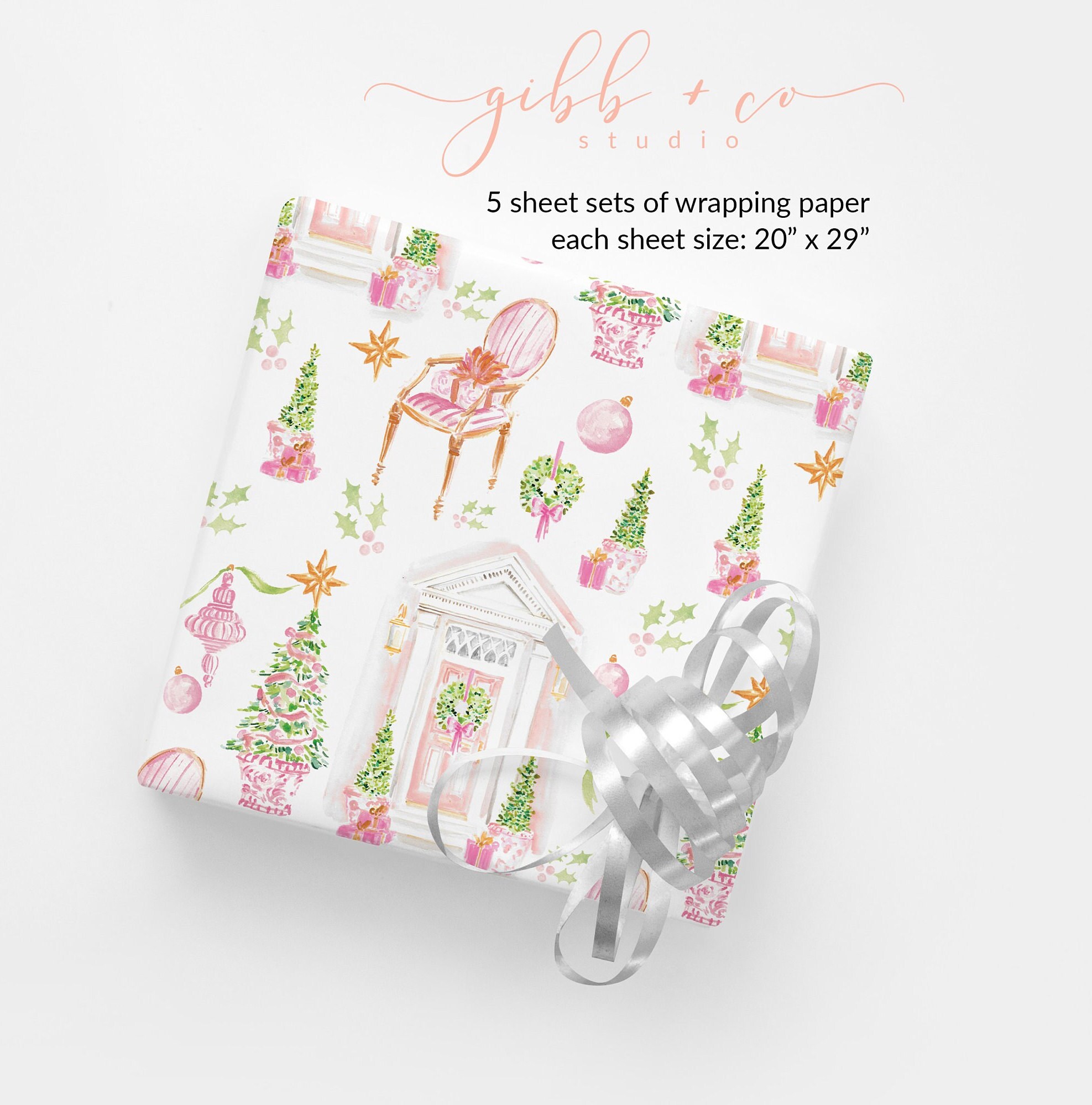 Pink Christmas Charleston Door Wrapping Paper, Pink, Green, Decorative ...