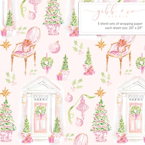 Pink Christmas Charleston Door Wrapping Paper, Pink, Green, Decorative ...