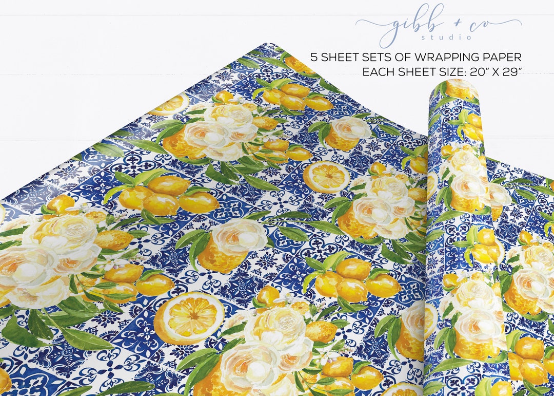 Lemon Floral Wrapping Paper, Lemon Blossoms, Positano Tile, Wedding ...