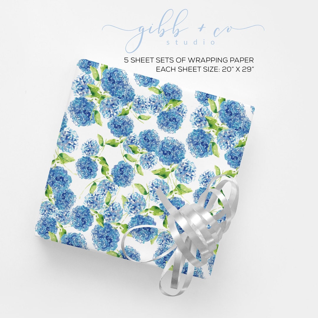 Blue Hydrangeas Floral Wrapping Paper, Watercolor, Illustrated Wrapping ...