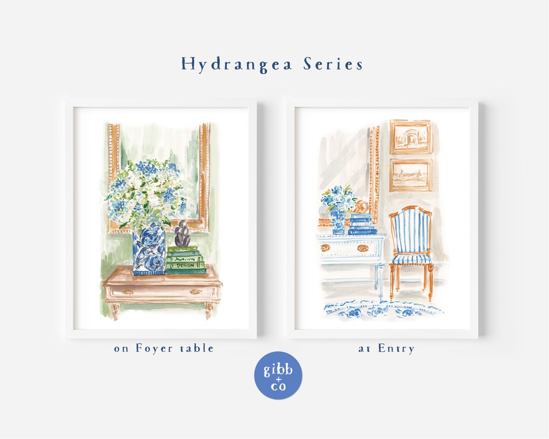 Blue Hydrangeas Art Print, Stacked Books, Interior Art, Book Lover ...