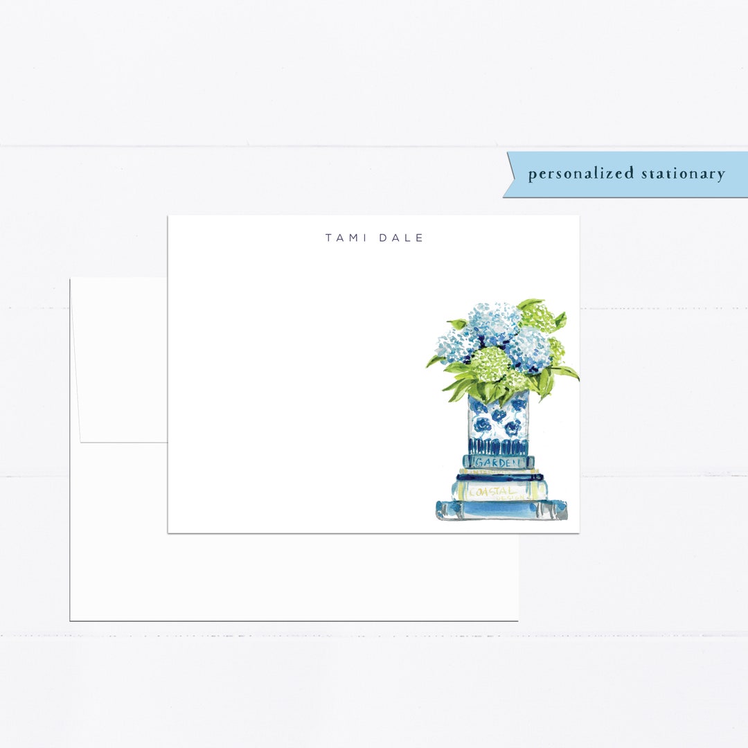 Hydrangeas Notecards, Stacked Books, Personalized Notecards, Stationery ...