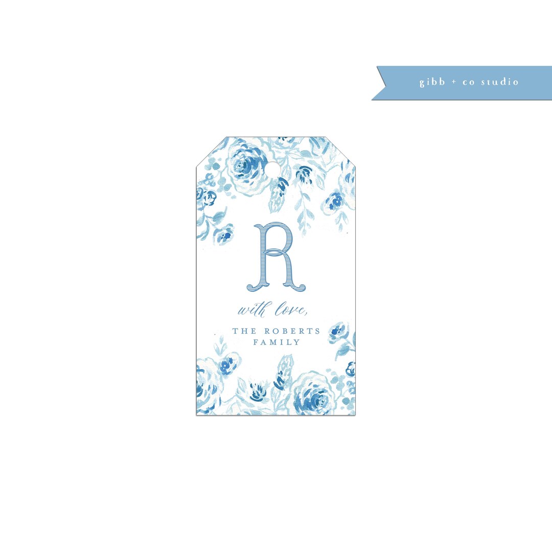 Personalized Monogram Gift Tag, Personalized Gift Tags, Floral, Blue ...