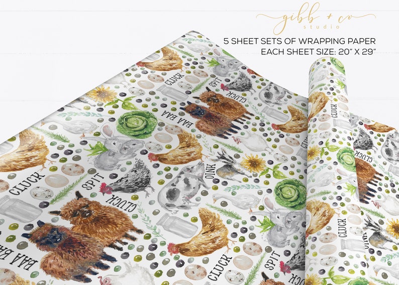 Vintage Farm Wrapping Paper, Chicken, Alpacas, Pig, Eggs, Sunflower ...