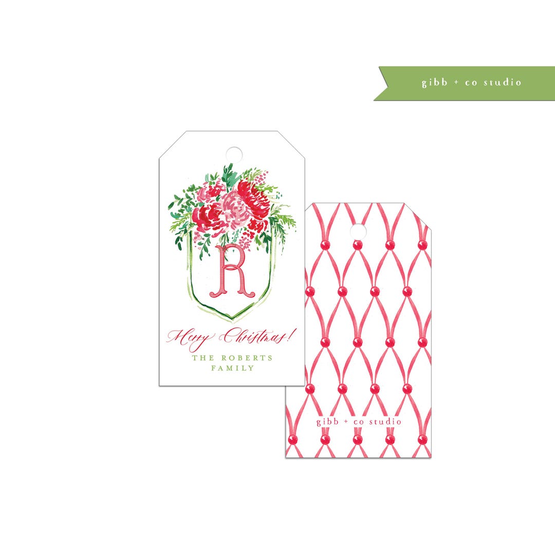 Personalized Christmas Gift Tag, Floral Christmas Monogram Personalized ...