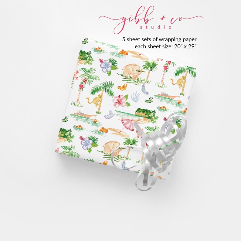 Colorful Tropical Jungle Wrapping Paper, Elephant, Monkey, Wrapping ...