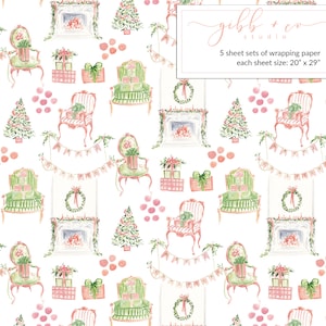 Christmas Pastel Fireplace Wrapping Paper, Pink, Peach, Decorative ...