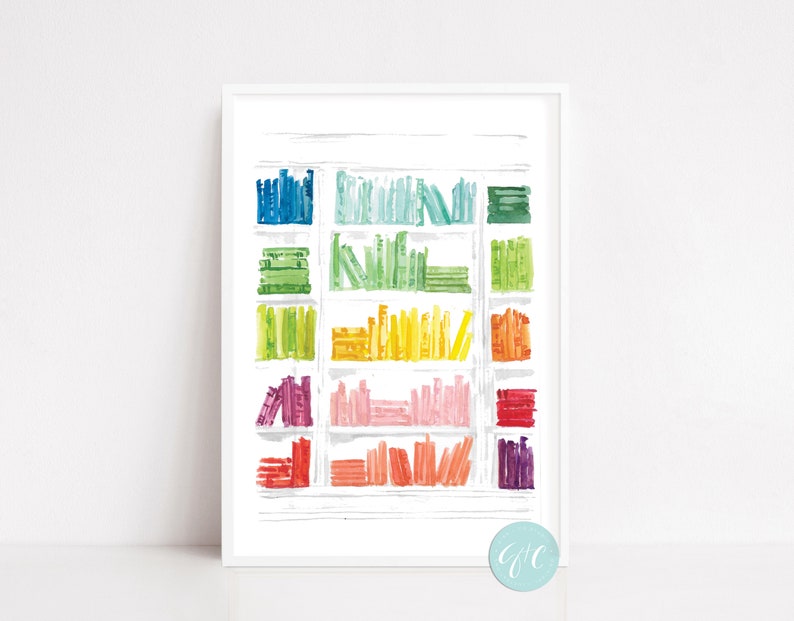 Rainbow Bookcase, Library, Color, Stacked Books, Art Print, Watercolor ...