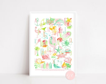 Alphabet Art Beach Coastal Water Watercolor Illustrated - Etsy