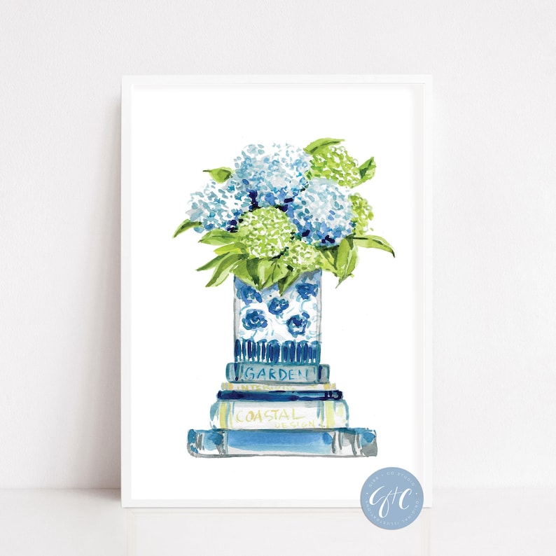 Blue Hydrangeas Art Print, Stacked Books, Tea, Book Lover Art Print ...