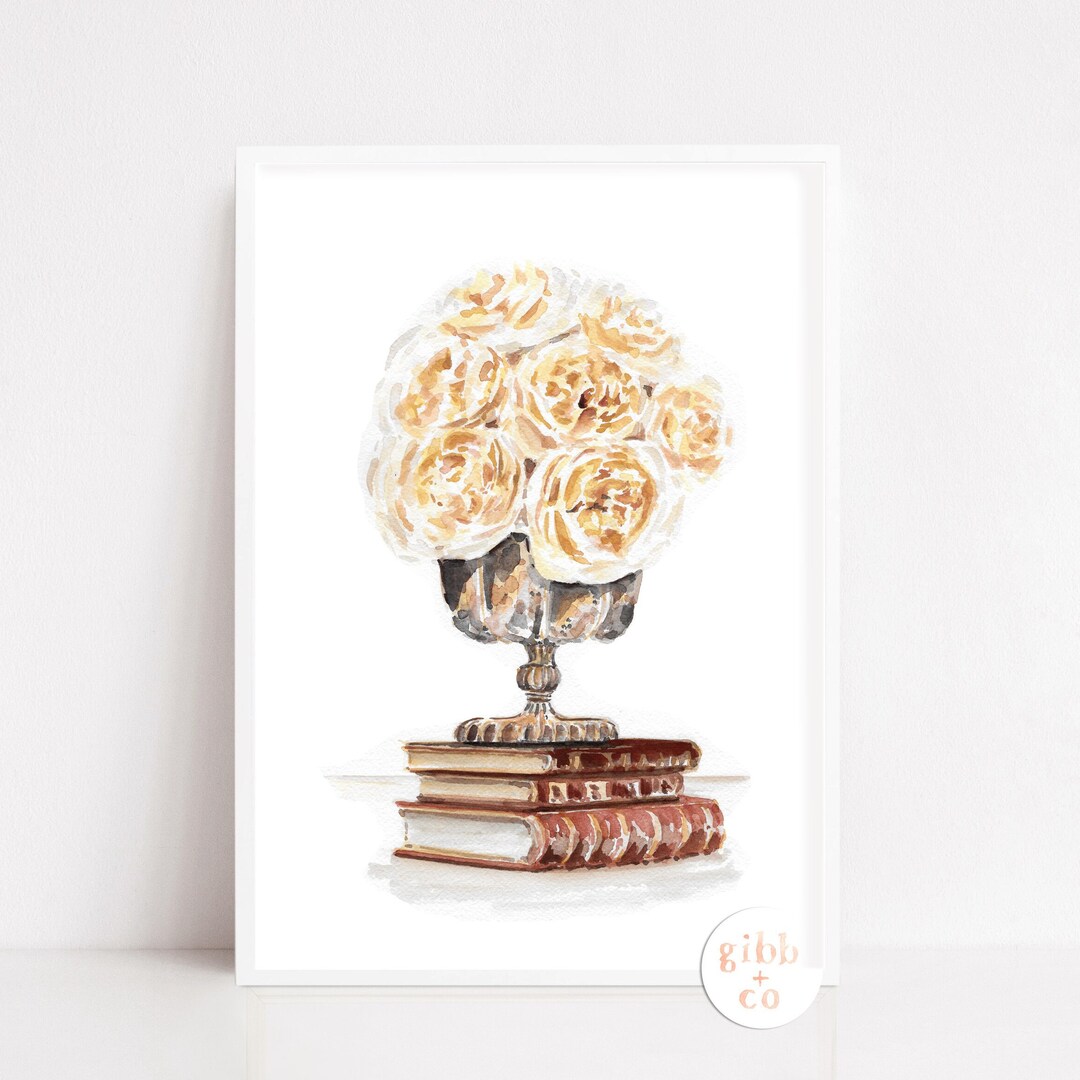 Cream Roses Series, Roses, Stacked Books, Floral Art Print, Art Print ...