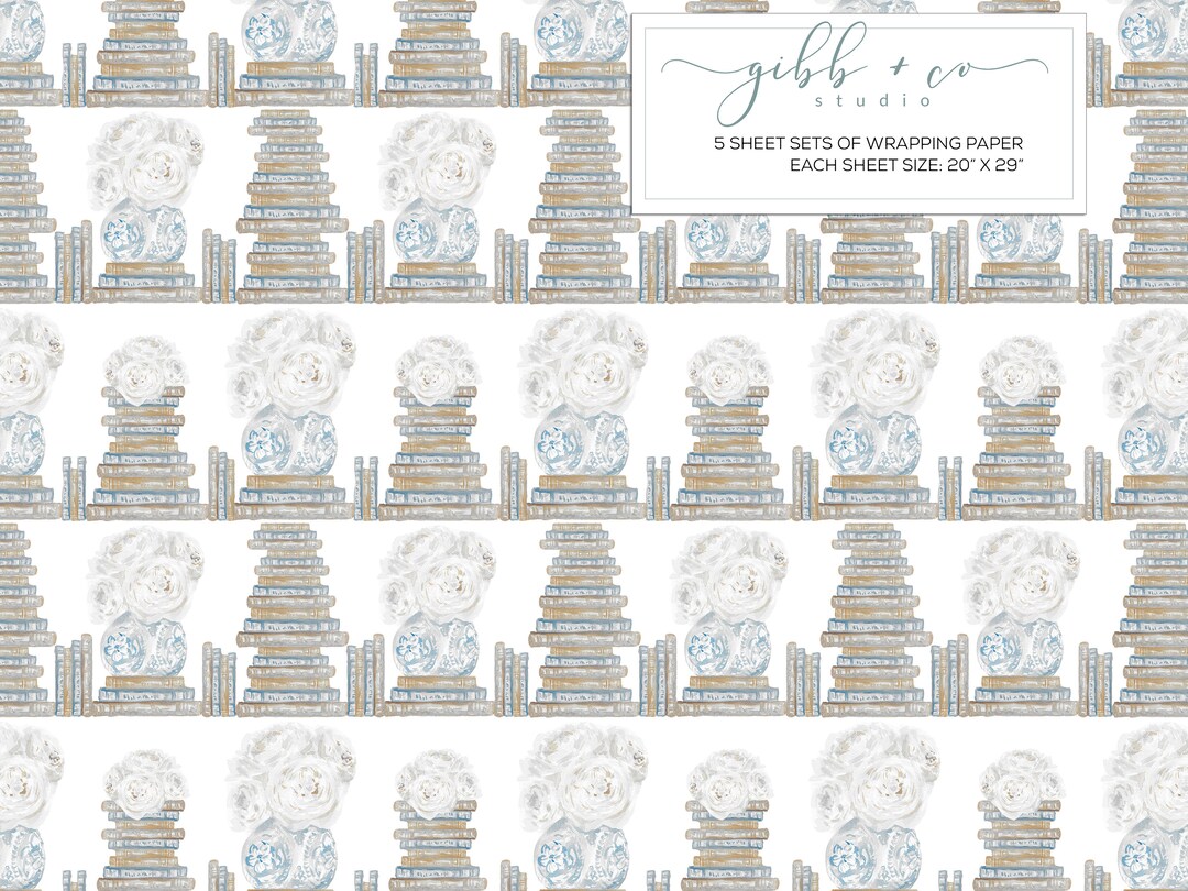White Peony Wrapping Paper, Stacked Books, Wrapping Paper, Book Theme ...