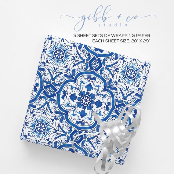 Blue Tile Wrapping Paper Watercolor Illustrated Wrapping - Etsy