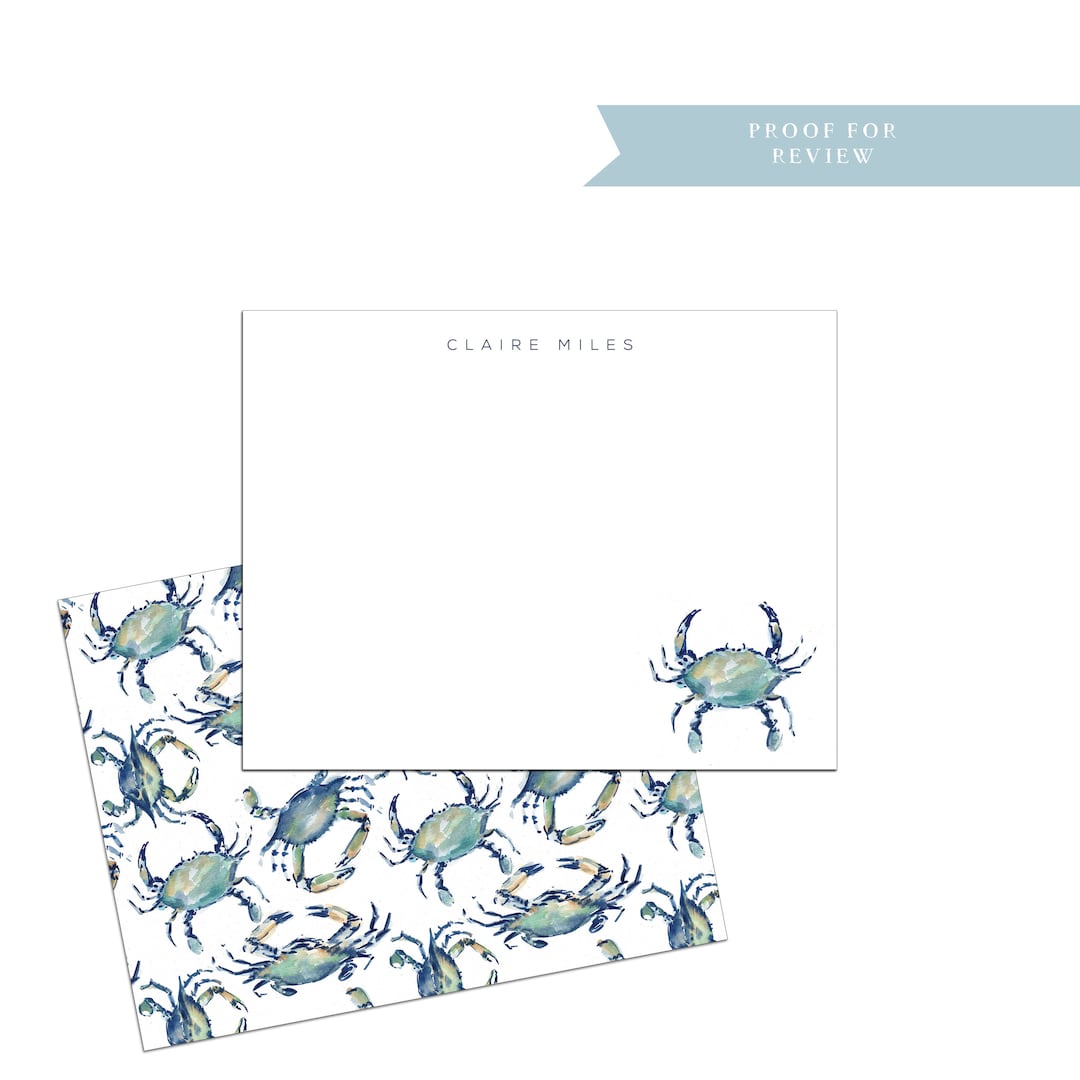 Blue Crab Personalized Notecards, Crabs, Coastal, Nautical, Blue, White ...