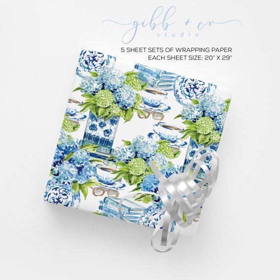 Blue Hydrangeas and Books Wrapping Paper Watercolor - Etsy