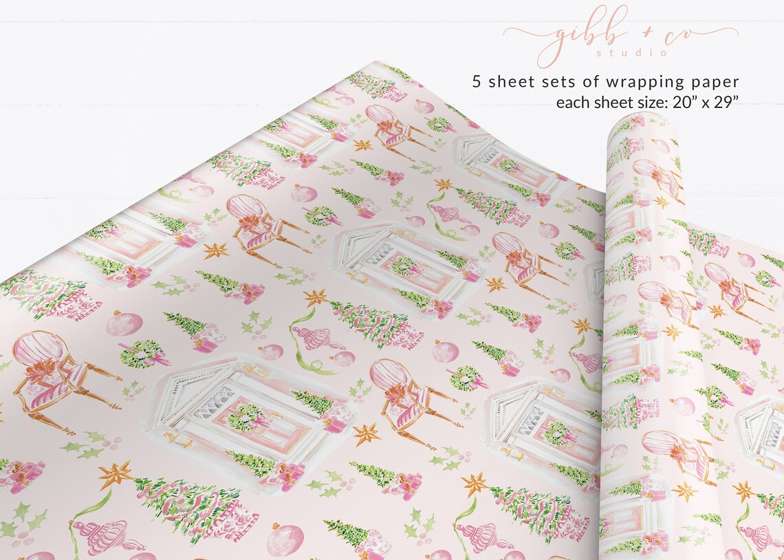 Pink Christmas Charleston Door Wrapping Paper, Pink, Green, Decorative ...