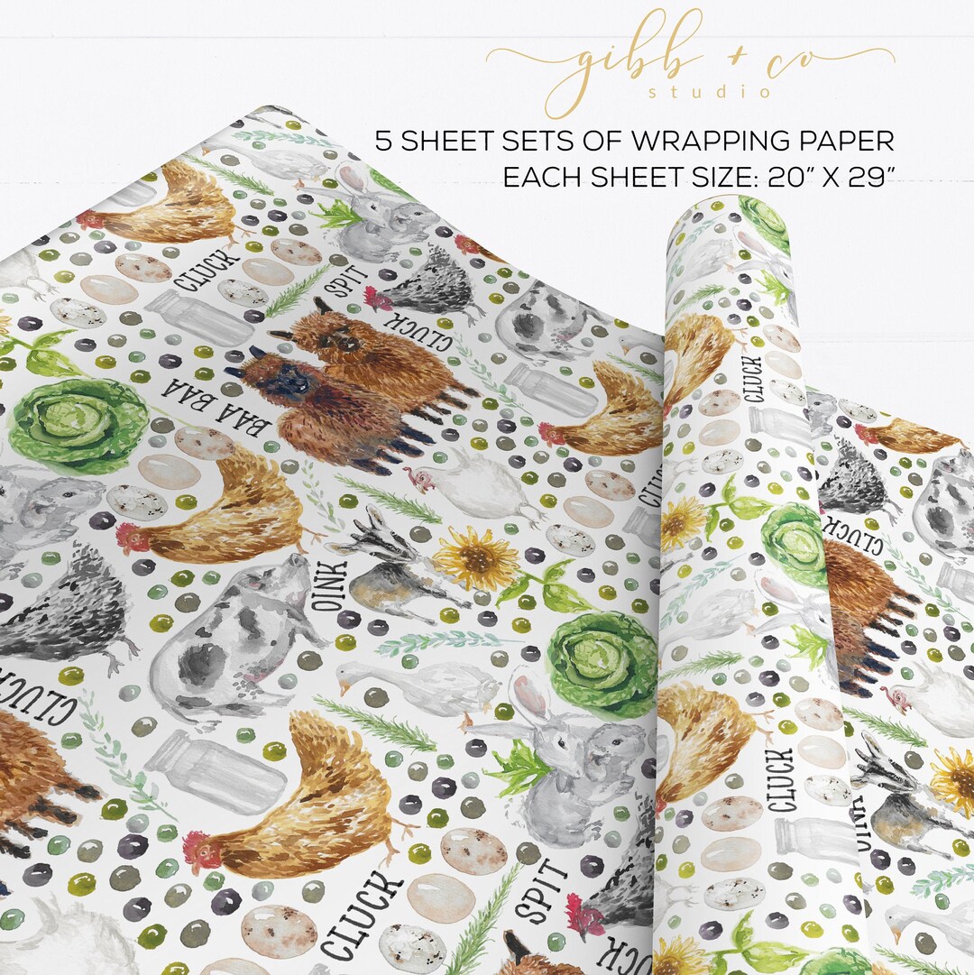 Vintage Farm Wrapping Paper, Chicken, Alpacas, Pig, Eggs, Sunflower ...