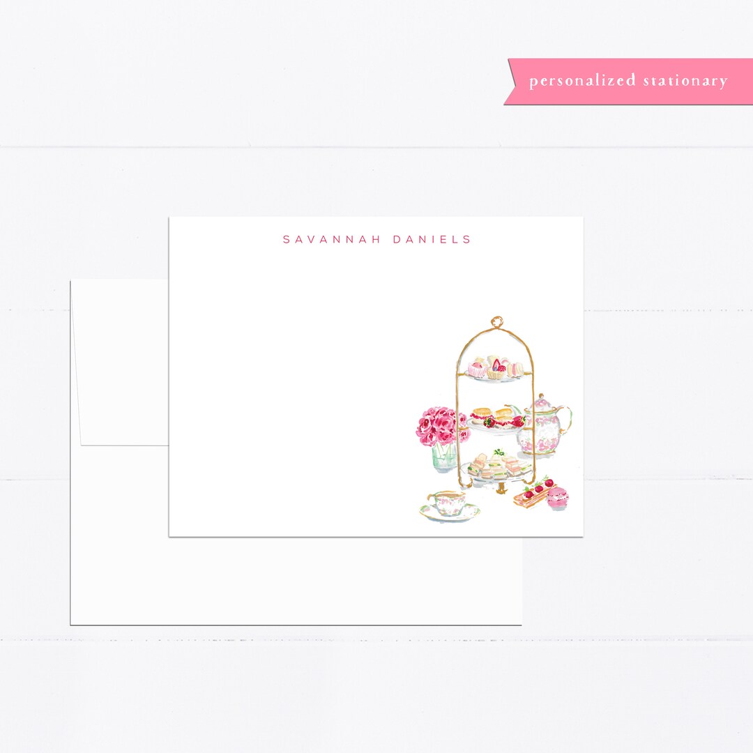 Pastries and Tea Notecards, Pink, Personalized Notecards, Stationery ...