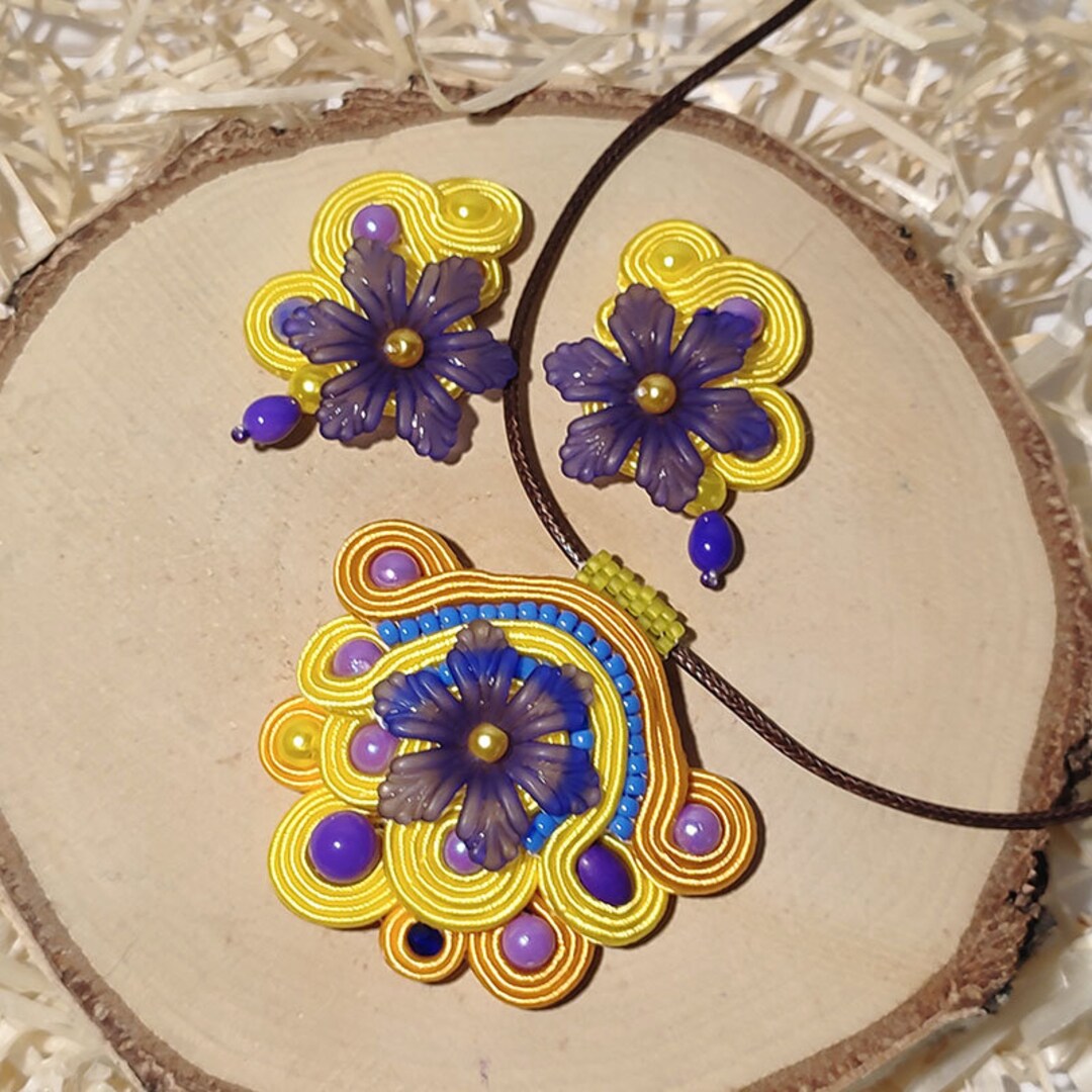 Handmade Yellow Soutache Jewelry Set – Purple Floral Earrings and ...