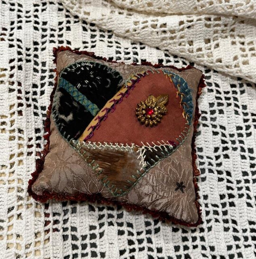 Large Antique Crazy Quilt Heart Pincushion stitching for Charity - Etsy