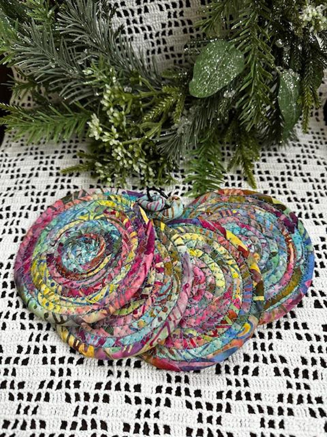 Fabric Wrapped Coiled Rope Coaster Set Multicolor Batik Fabrics ...
