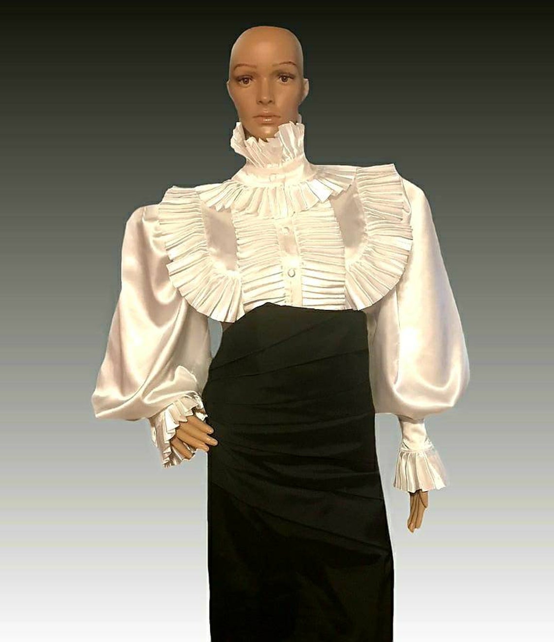 White Pleated Ruffles Satin Puff Blouse in Sizes XS S M L XL 2XL 3XL ...