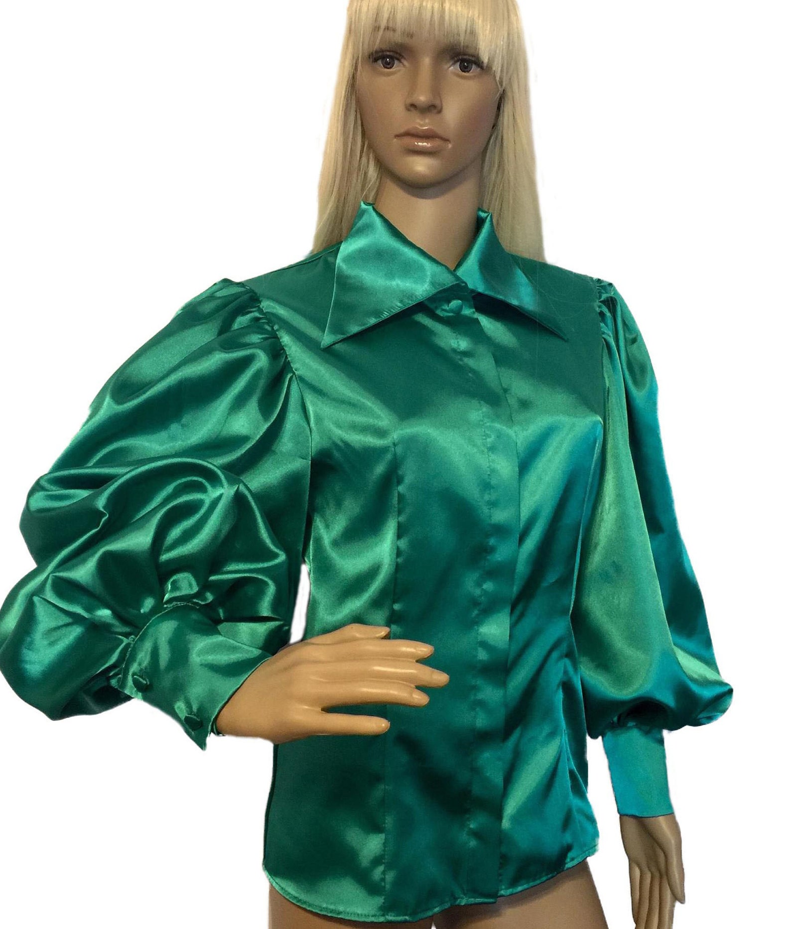Puff Sleeves Satin Hide Uttons Blouse in Irish Green Color - Etsy