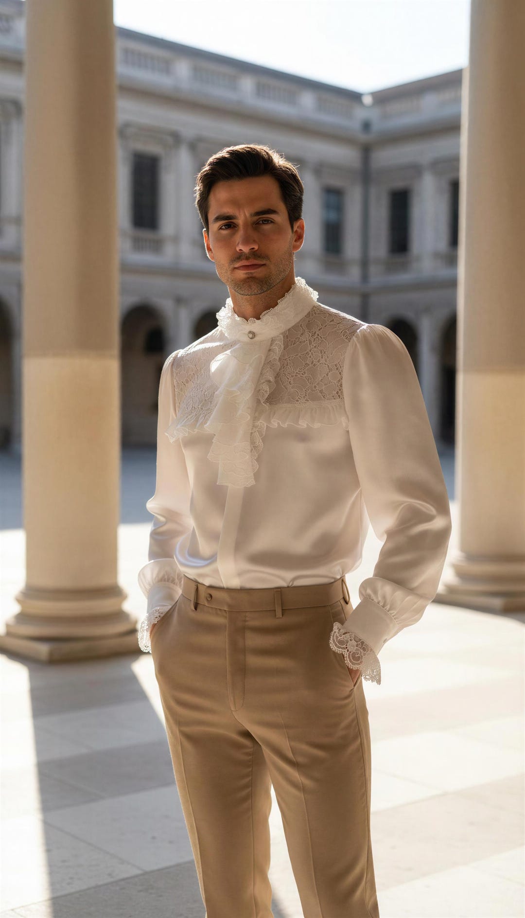White Silk Ruffle Shirt With Lace Jabot - Men's Yoked Satin Top - Etsy